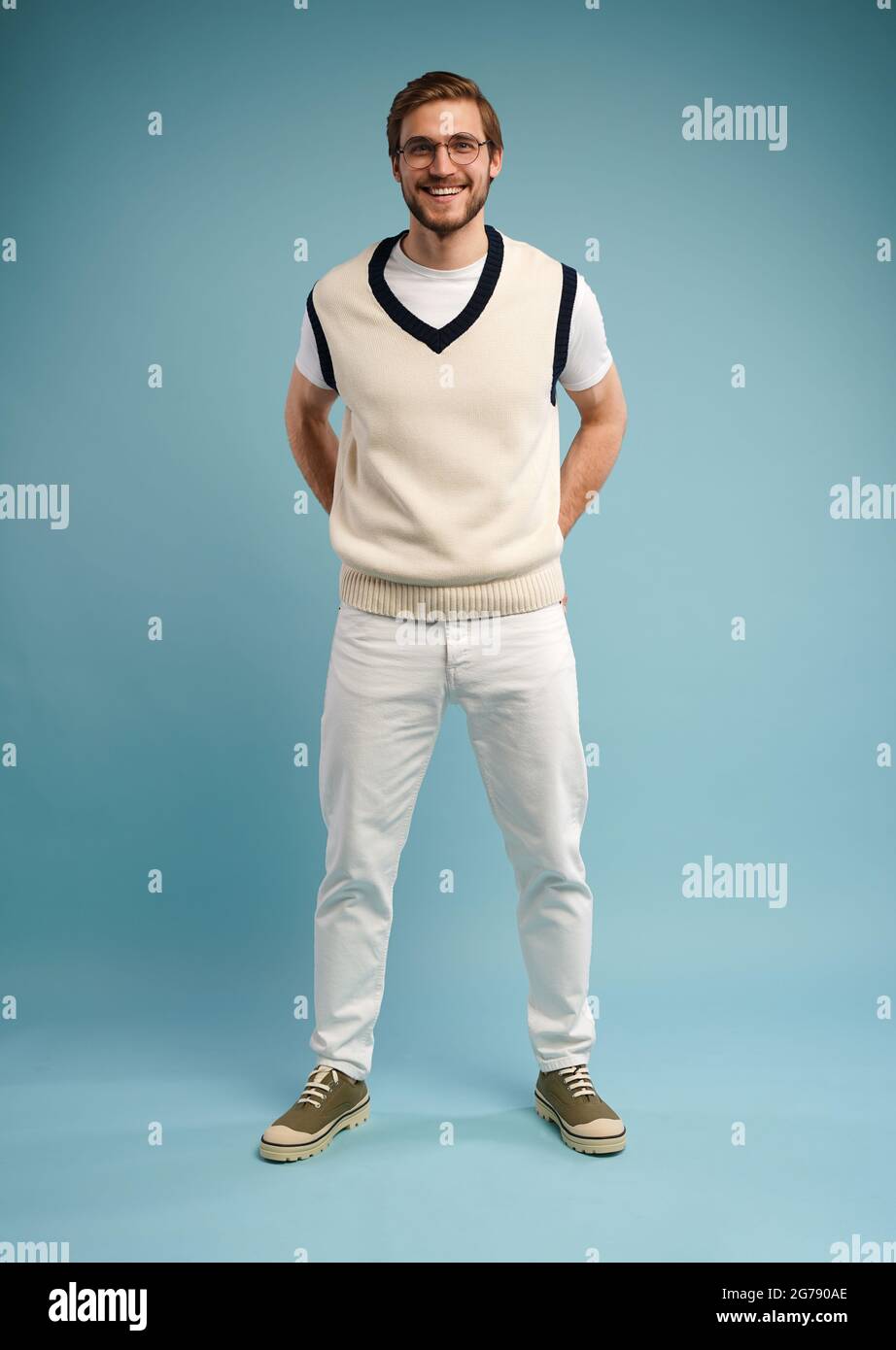 Full length body size photo of cheerful charming cute handsome man ...