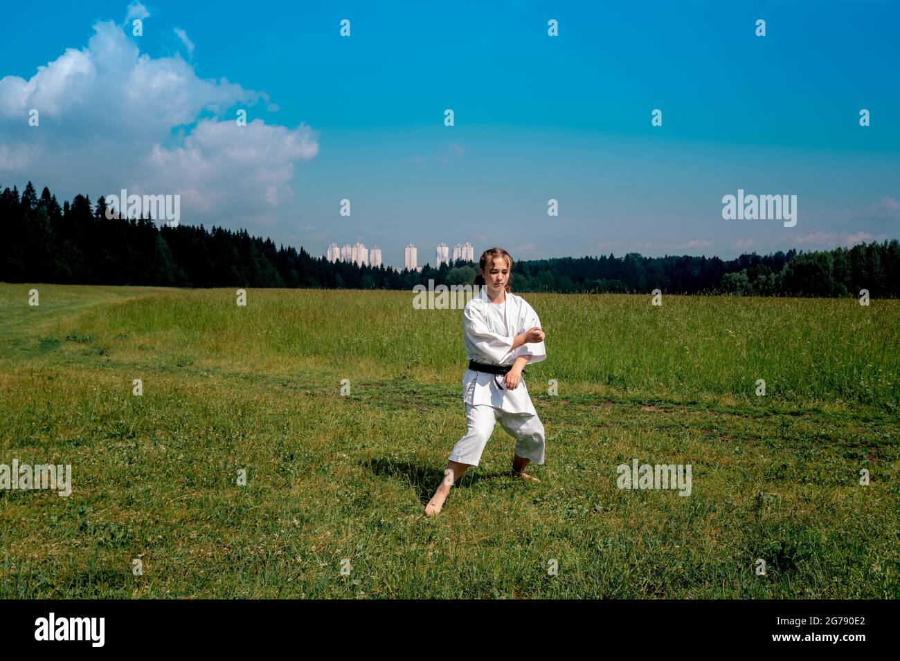 teenage girl practicing karate kata outdoors, prepares to perform ...
