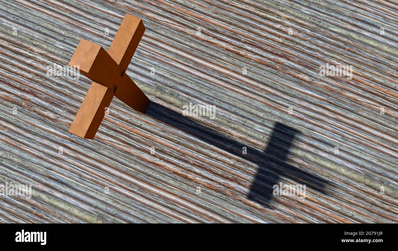 Concept or conceptual metal rusted cross on a natural wood or wooden ...