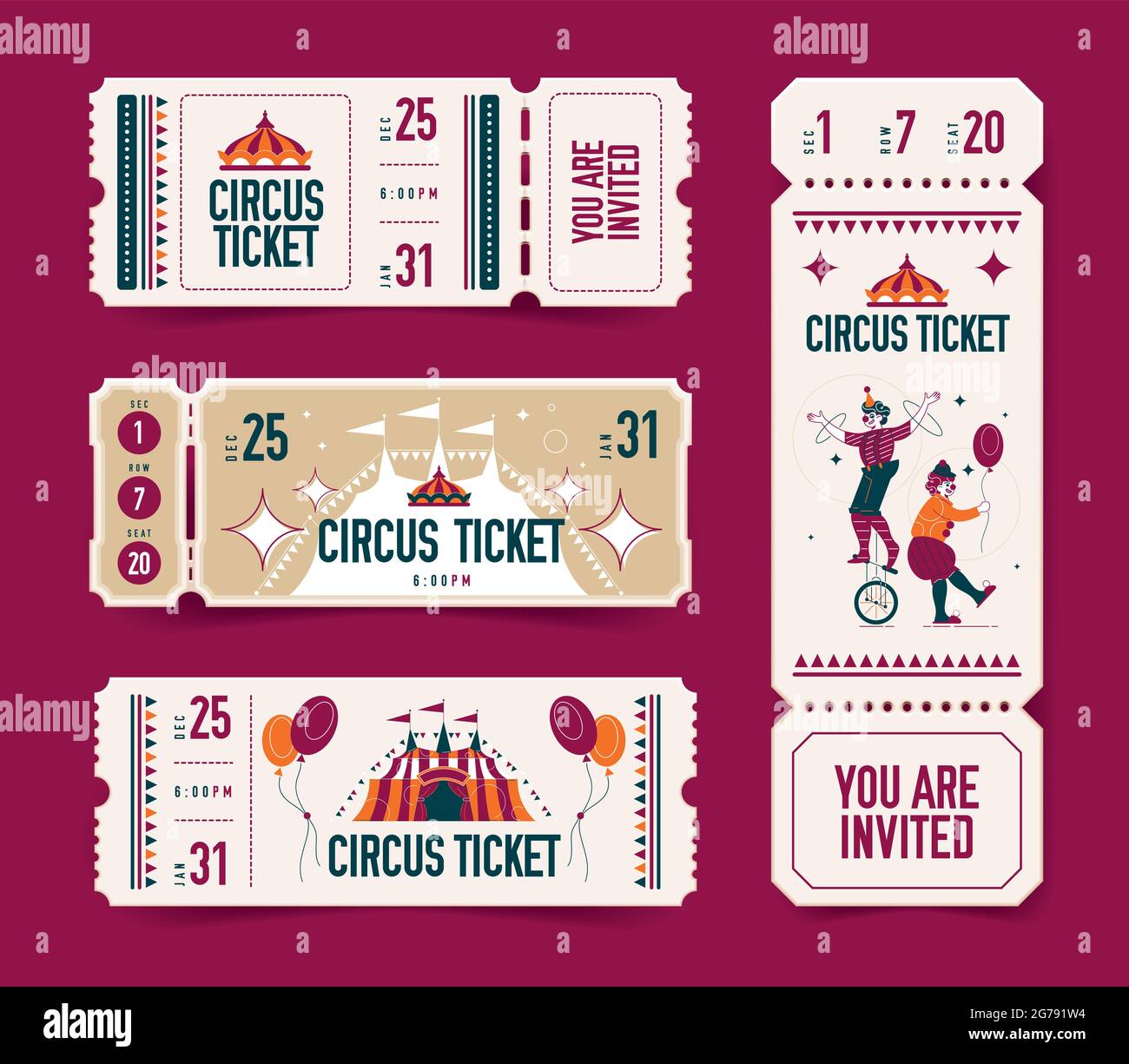 Realistic empty ticket circus set of isolated coupons with editable ...