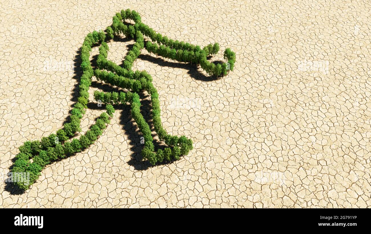 Concept or conceptual group of green forest tree on dry ground ...