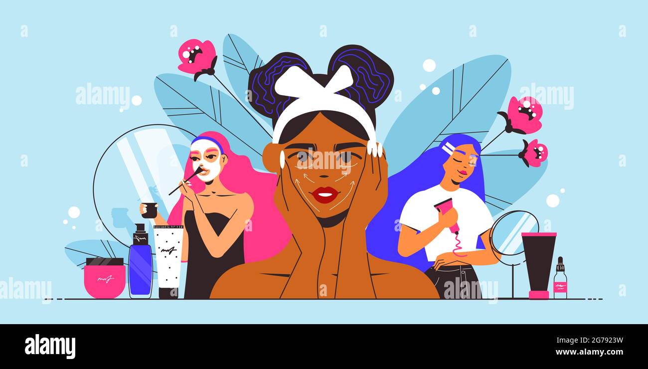Cosmetology woman horizontal composition with characters of girls with ...