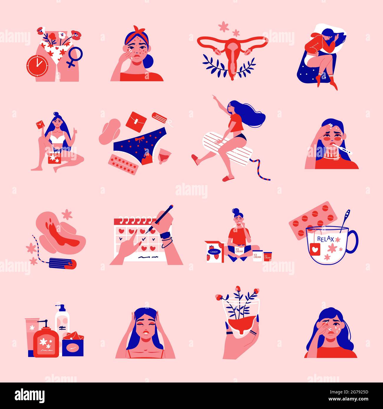 Menstruation pms woman color set with isolated female characters icons ...
