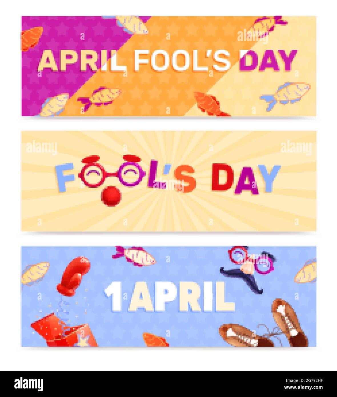 Fools day 1 april realistic set of three horizontal banners with text ...