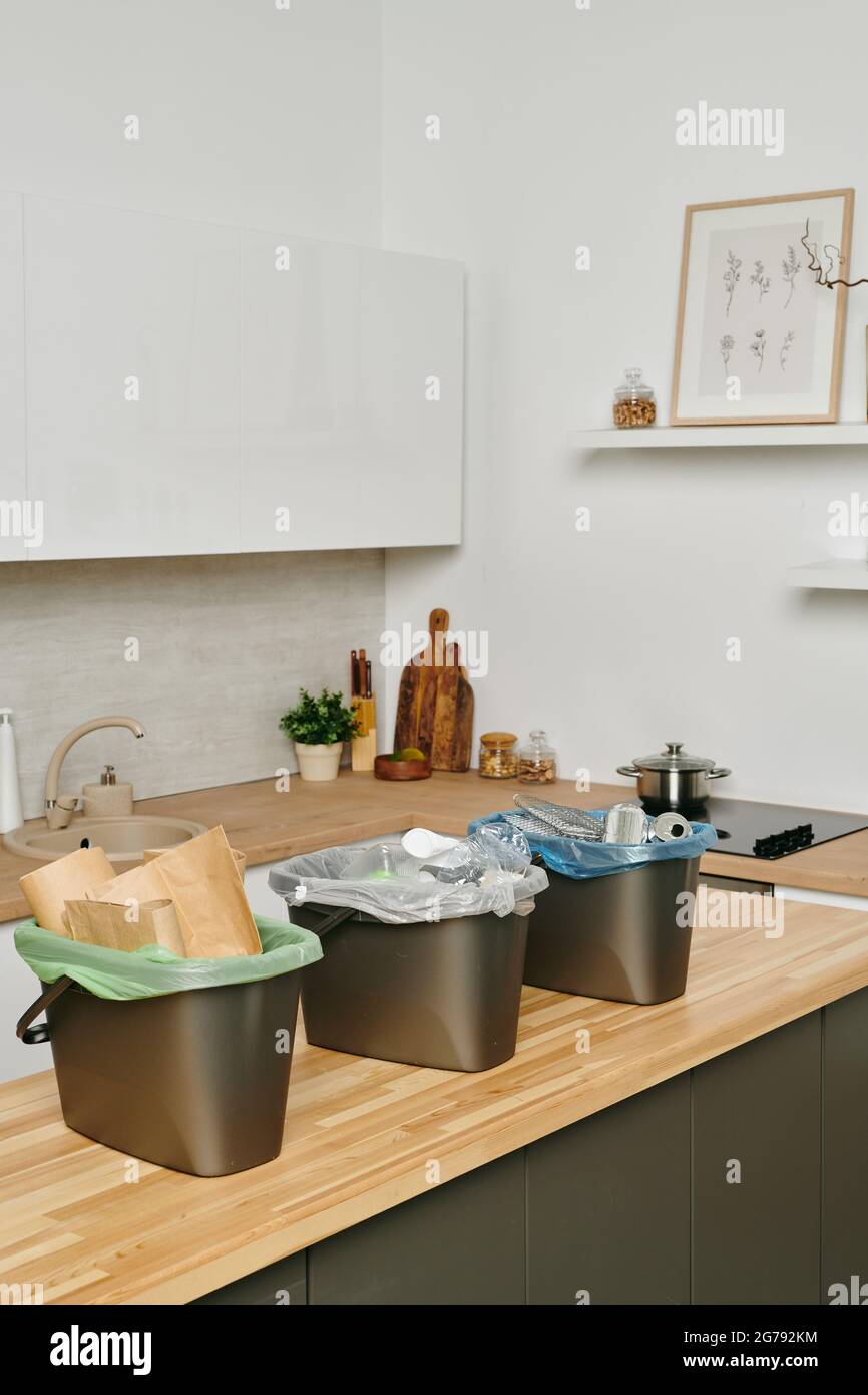 Interior of modern kitchen with three garbage bins containing ...