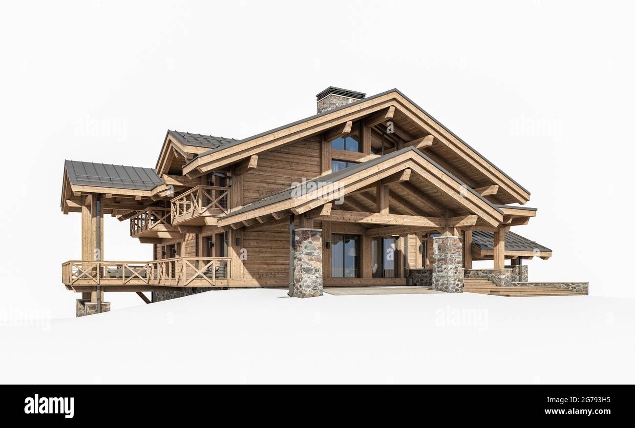 3d rendering of modern cozy chalet with pool and parking for sale or rent. Massive timber beams ...