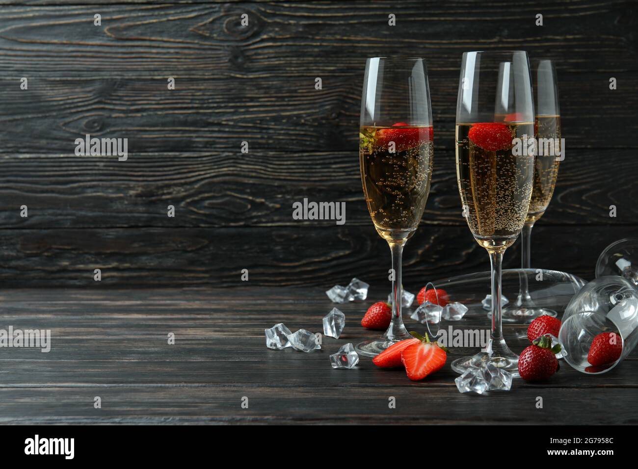 Concept of delicious drink with Rossini cocktail on rustic wooden table ...