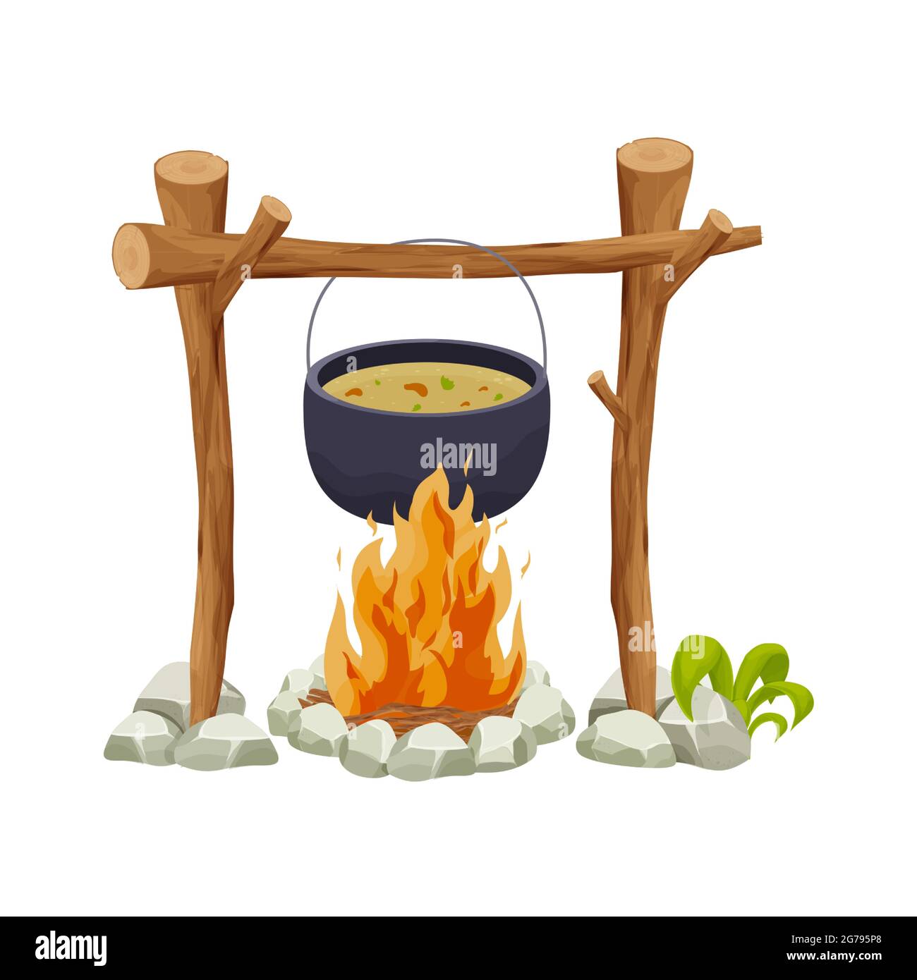 Black camping pot over a campfire in cartoon style isolated on white ...