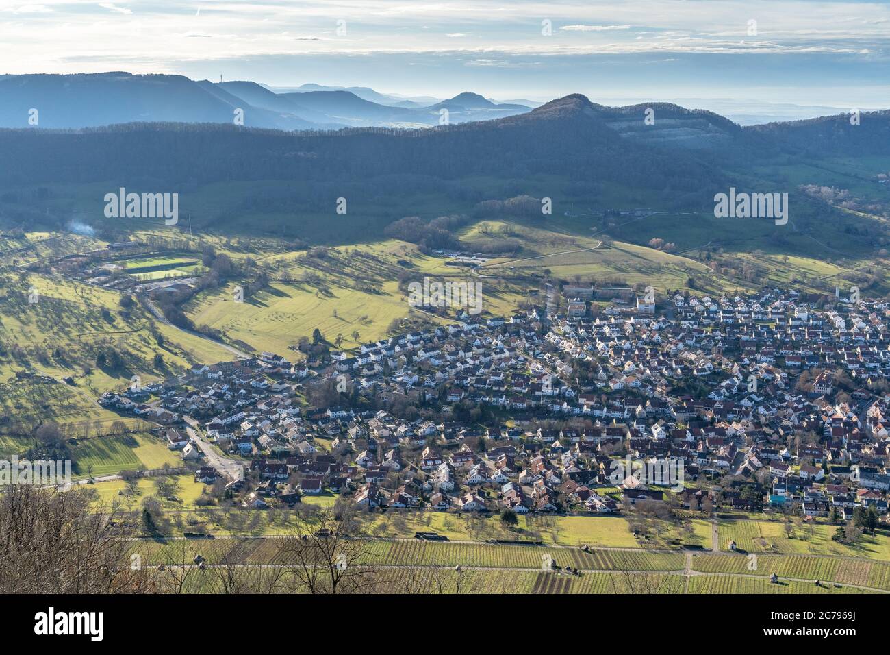 Europe, Germany, Baden-Wuerttemberg, Swabian Alb, Neuffen, view from ...