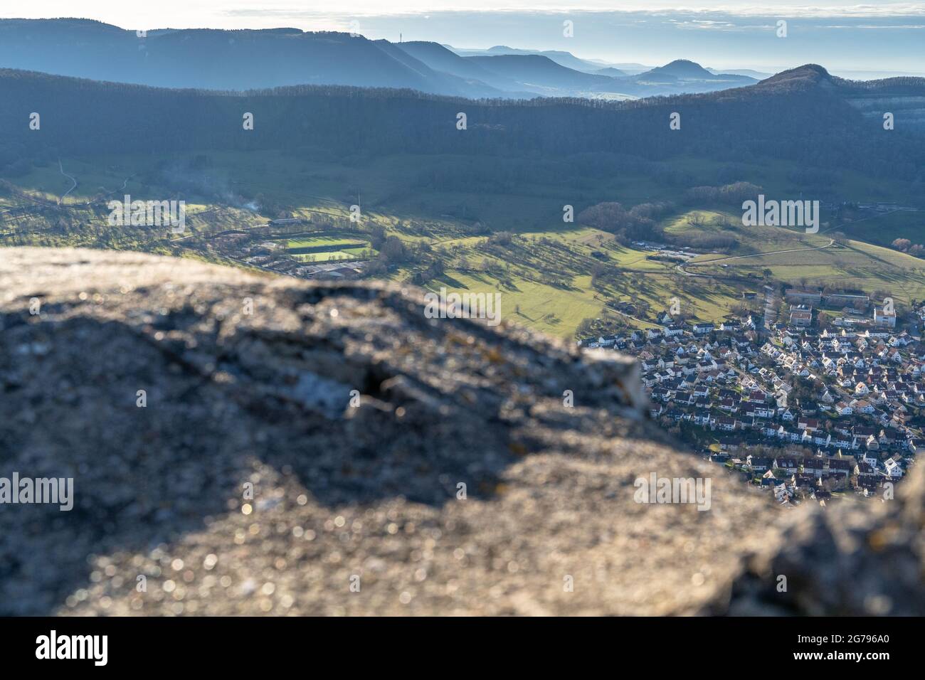 Europe, Germany, Baden-Wuerttemberg, Swabian Alb, Neuffen, view from ...