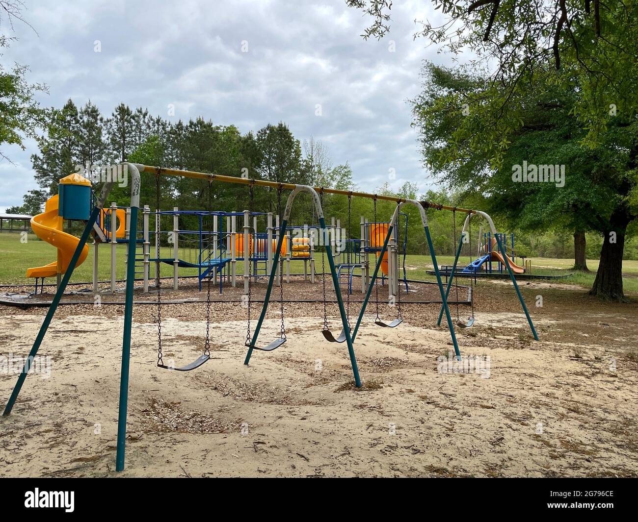 A colorful kids playground in the summer in the country in rural ...