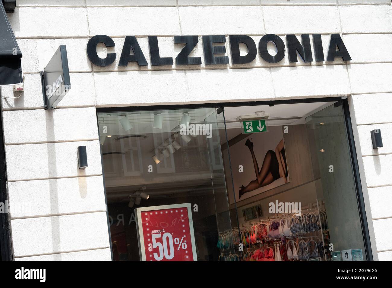 A shop sign of CALZEDONIA,on July 12, 2021 in Cannes, France. Photo by ...
