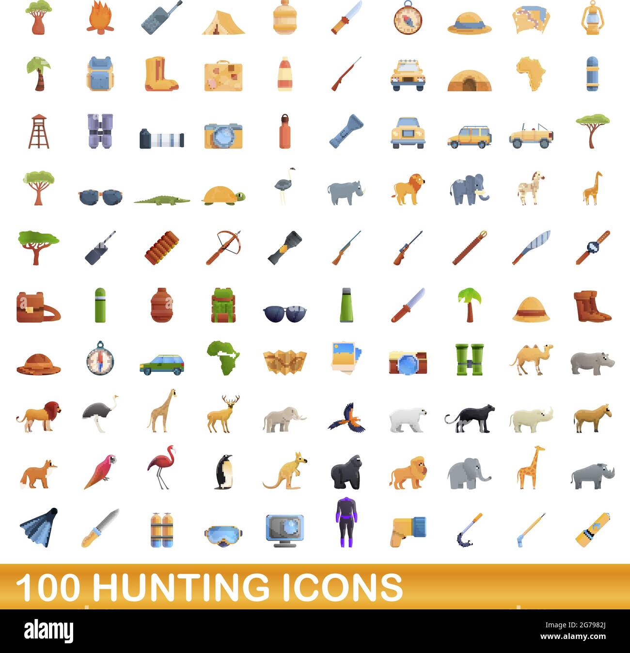 100 hunting icons set. Cartoon illustration of 100 hunting icons vector ...