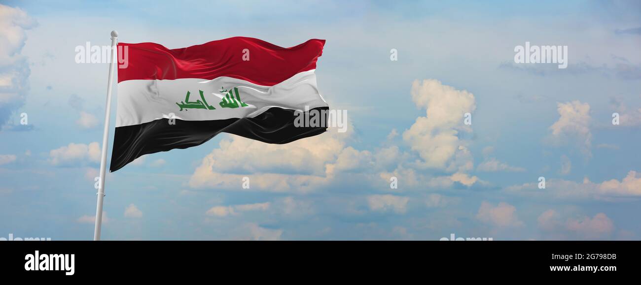 flag of Iraq at cloudy sky background on sunset, panoramic view ...