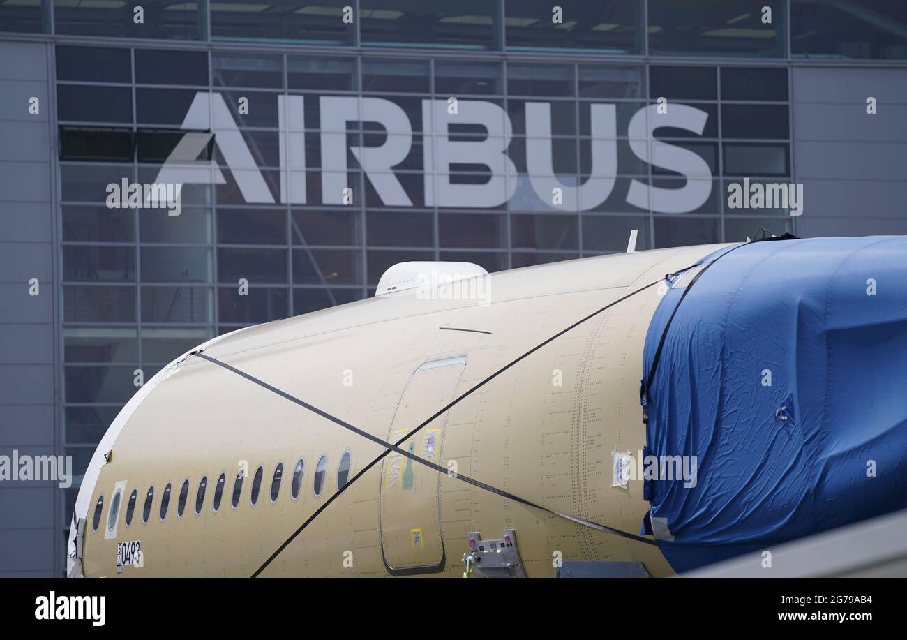 Hamburg, Germany. 12th July, 2021. A segment of an Airbus A350 fuselage ...