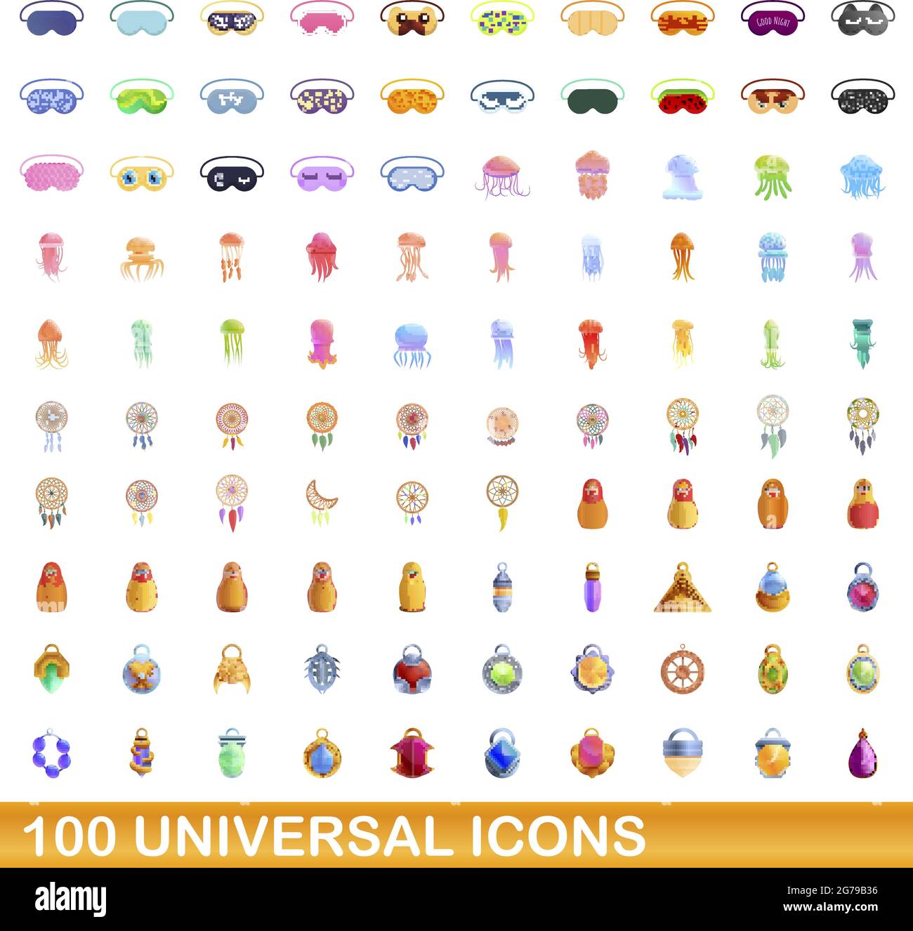 100 universal icons set. Cartoon illustration of 100 universal icons ...