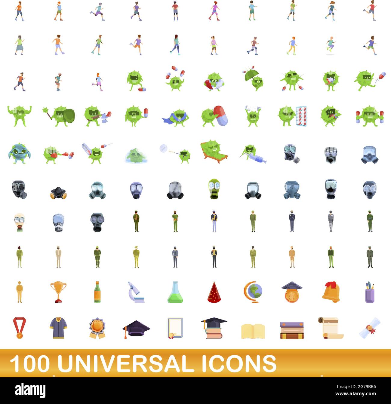 100 universal icons set. Cartoon illustration of 100 universal icons ...