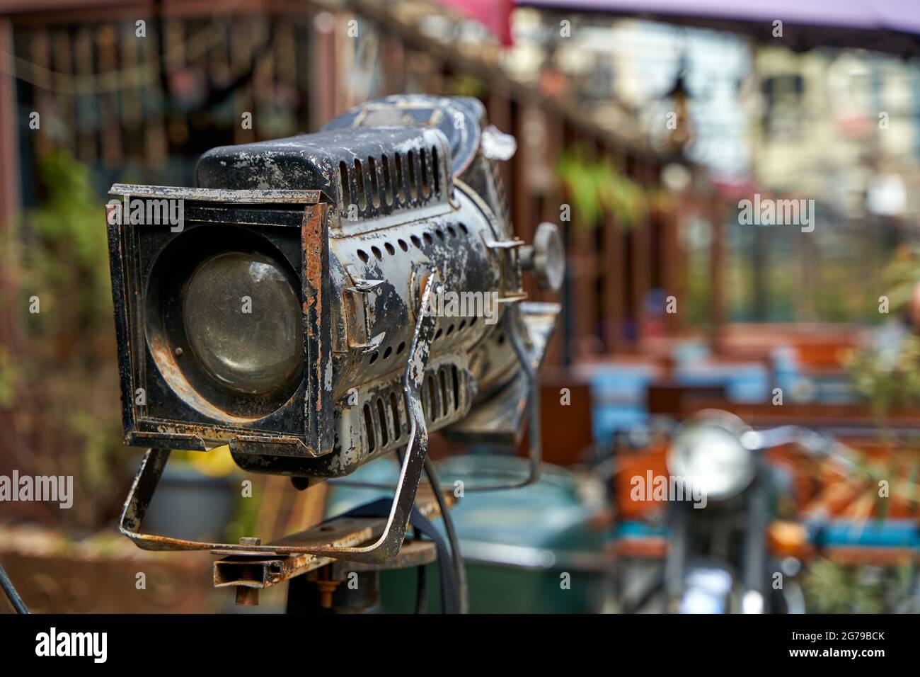 Street cafe exterior details. Vintage spotlight for lighting Stock ...