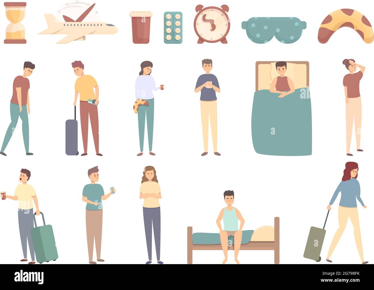 Jet lag icons set cartoon vector. Air flight time. Delivery duration ...