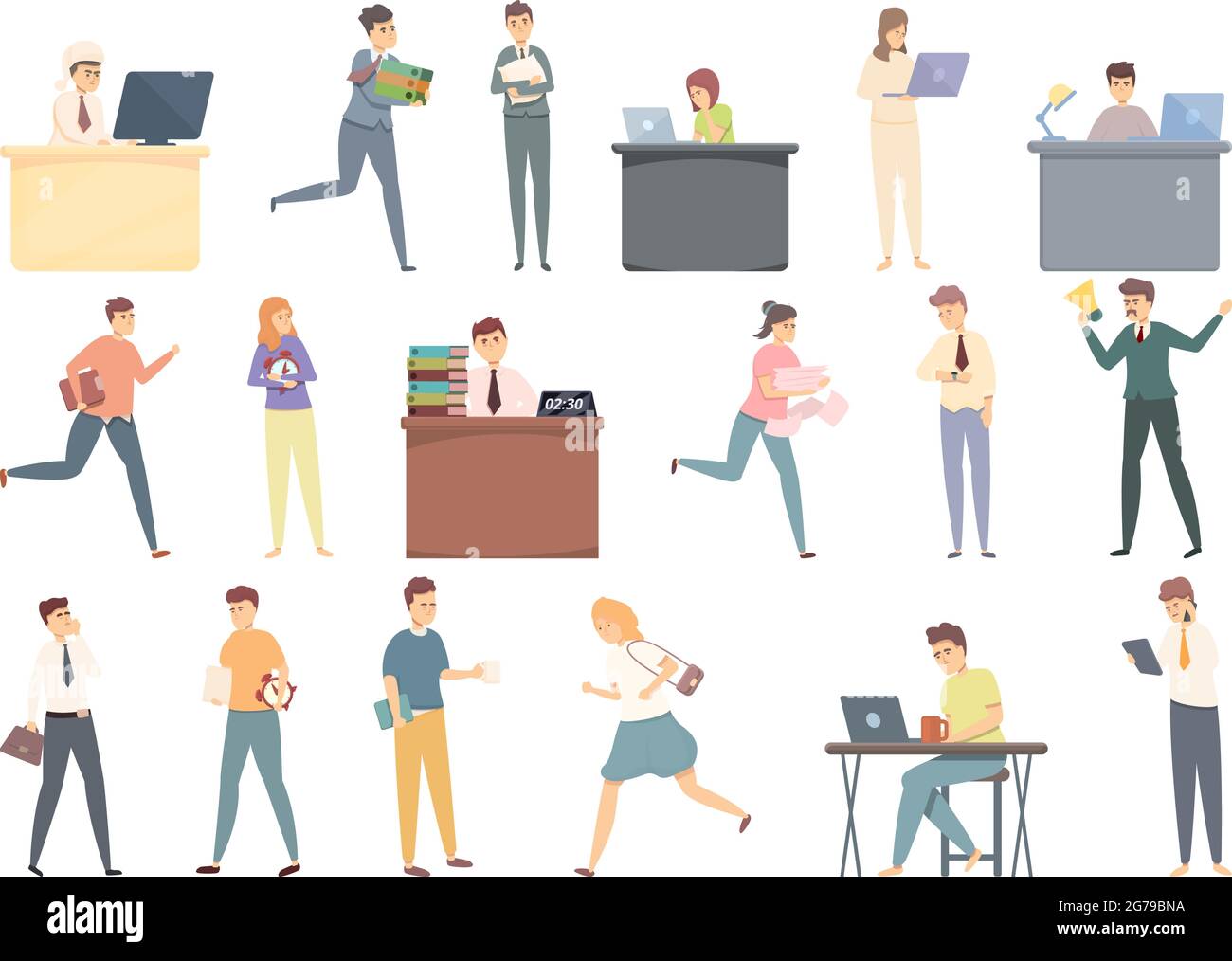 Late work icons set cartoon vector. Daily hour. Morning time work Stock ...