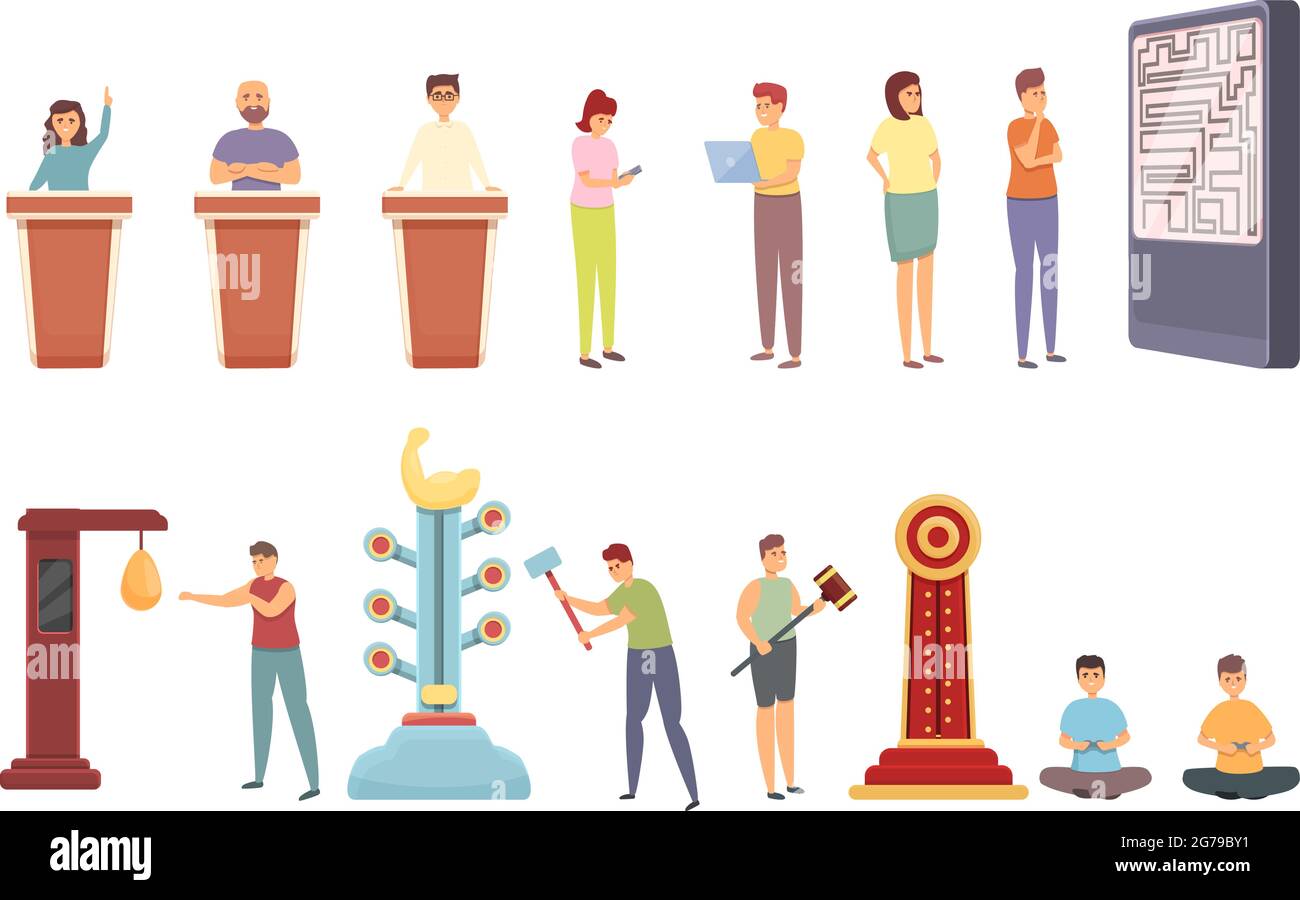 Test game icons set cartoon vector. Scientist expert. Genius professor ...