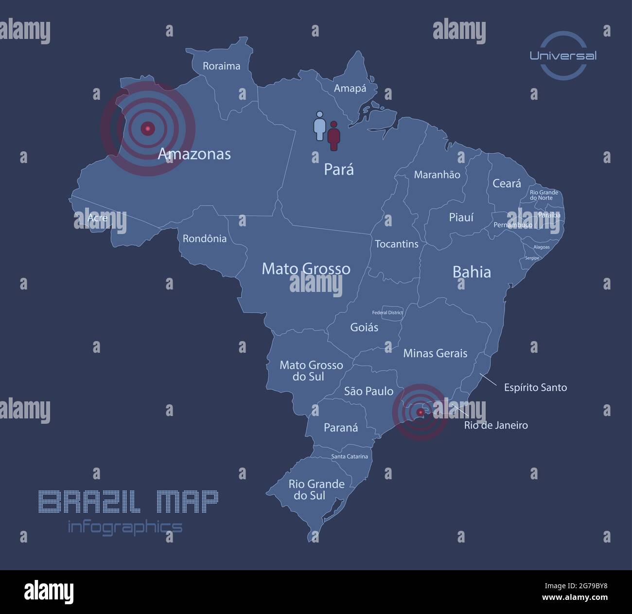 Brazil map, with names of individual states, infographics blue flat ...