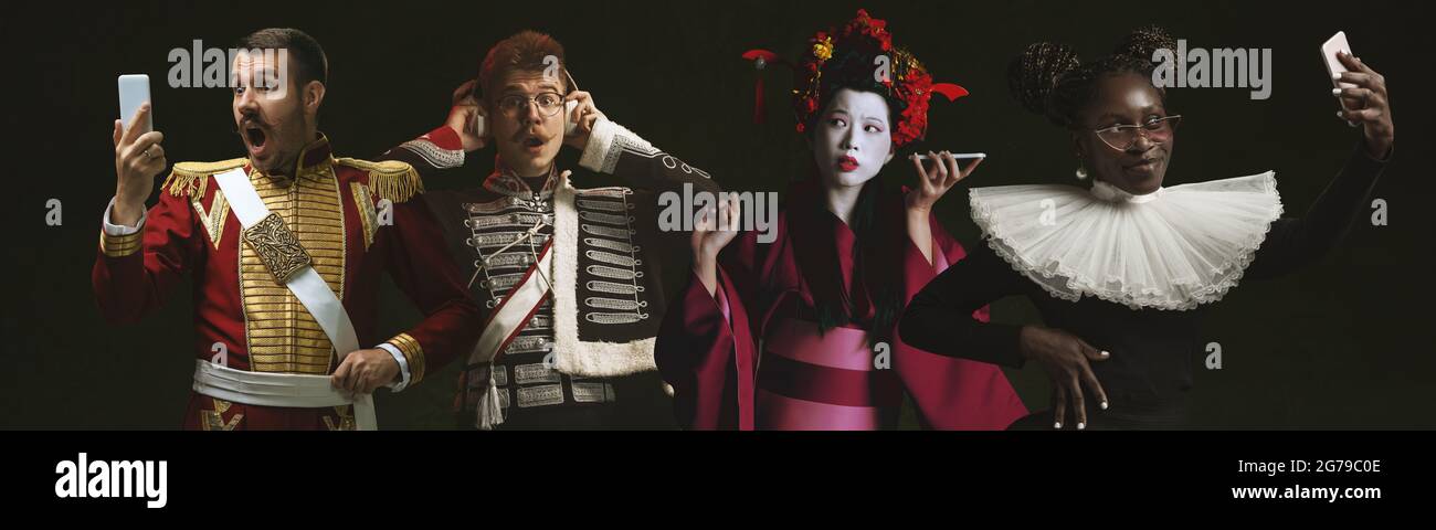 Medieval people as a royalty persons in vintage clothing on dark ...