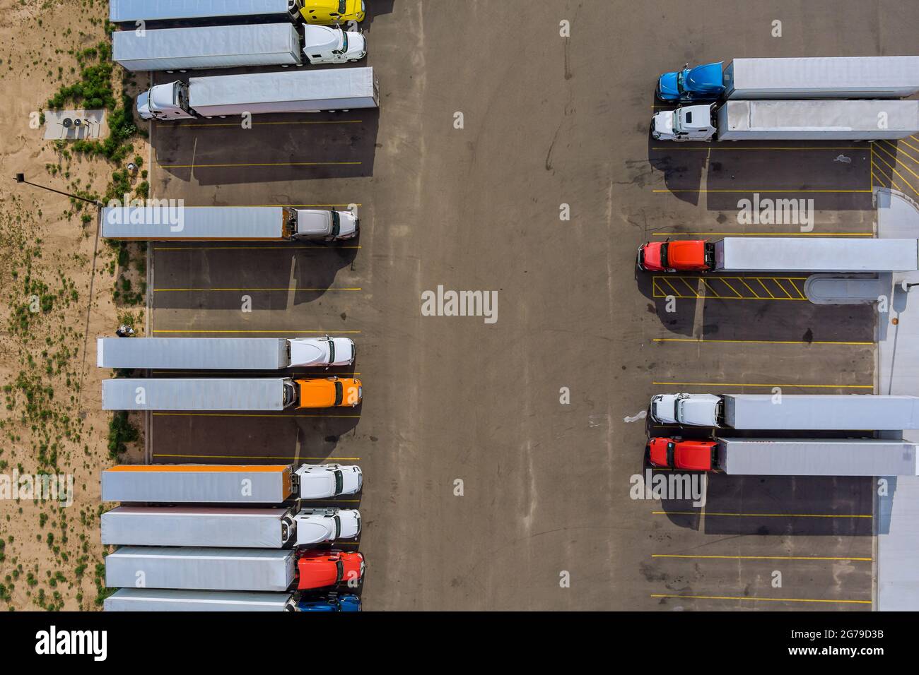 Aerial view of parking lot with trucks on transportation of truck rest ...