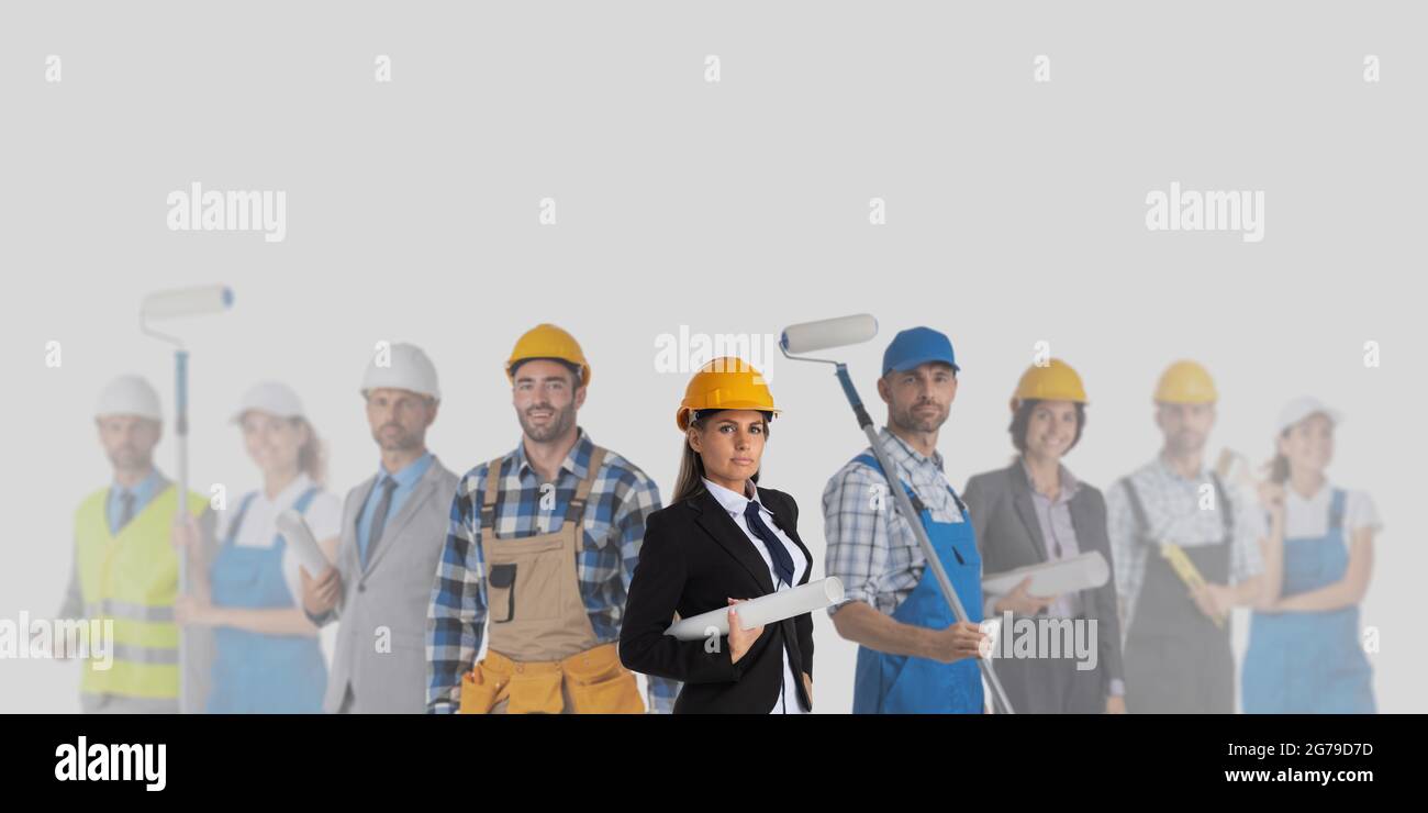 Group of industrial contractors workers people standing together on ...