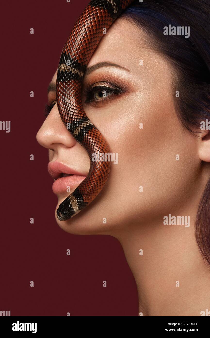 Beautiful girl brunette model with evening fashion make-up with a snake ...