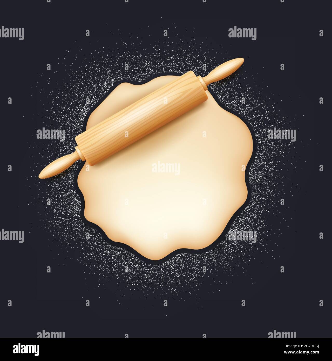 Realistic wooden rolling pin and kneading dough with flour. Design ...