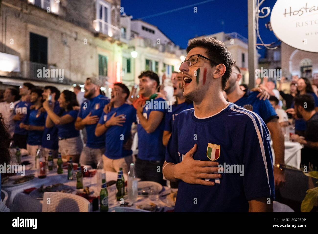 Tropea, Italy. 11th July, 2021. Young men wearing t-shirts with Italian ...