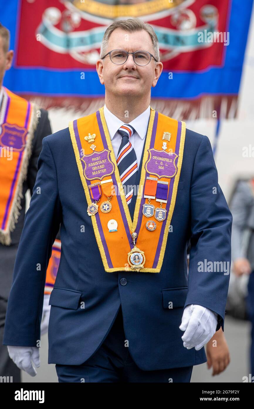 DUP leader Sir Jeffrey Donaldson MP marching as a member of Ballinran ...