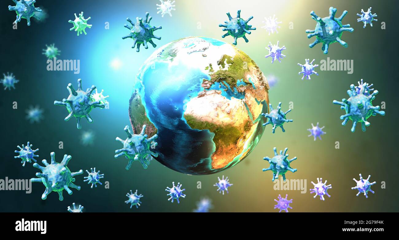 Many virus particles fly around the earth - 3d illustration Stock Photo ...