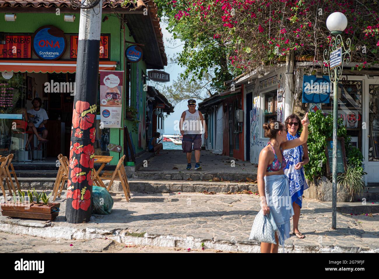 Famous Stone Street (Rua das Pedras) in Buzios, Brazil is full of shops ...