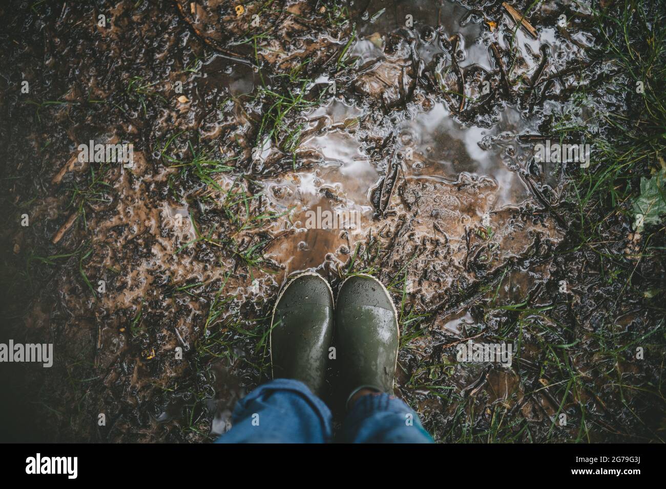 Woman's feet in rubber boots on a rainy day Stock Photo - Alamy