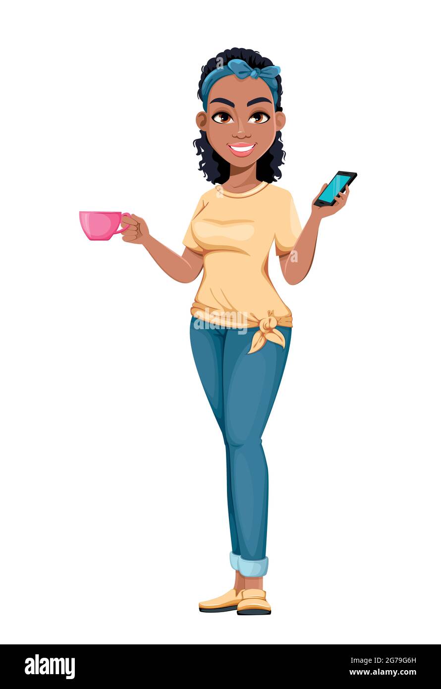 Pretty African American housewife having a coffee break. Cute lady ...