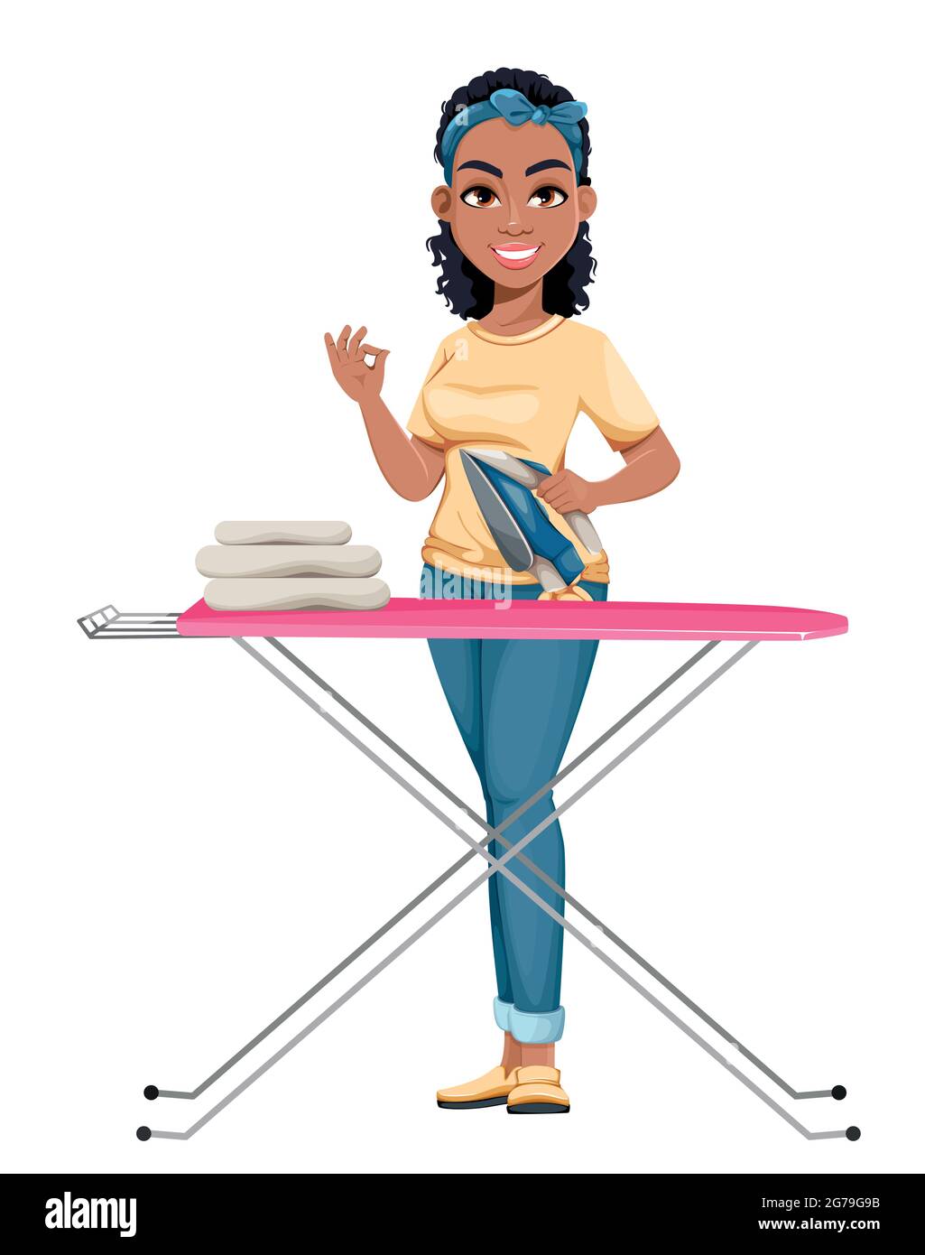 Pretty African American housewife ironing. Cute lady cartoon character ...