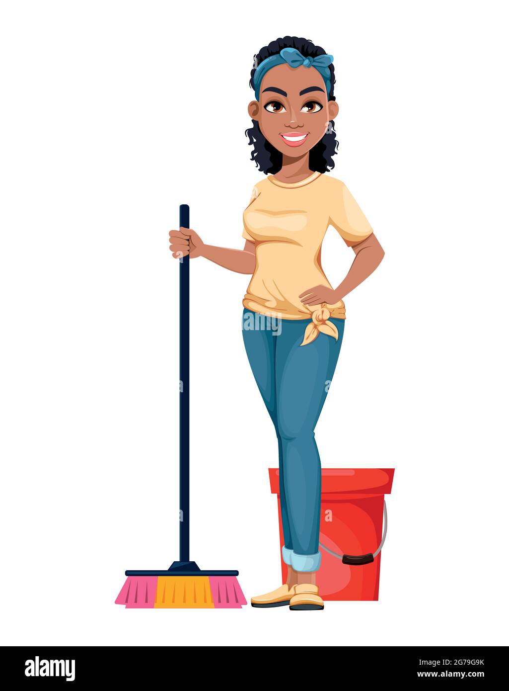 Pretty African American housewife washing floor. Cute lady cartoon ...