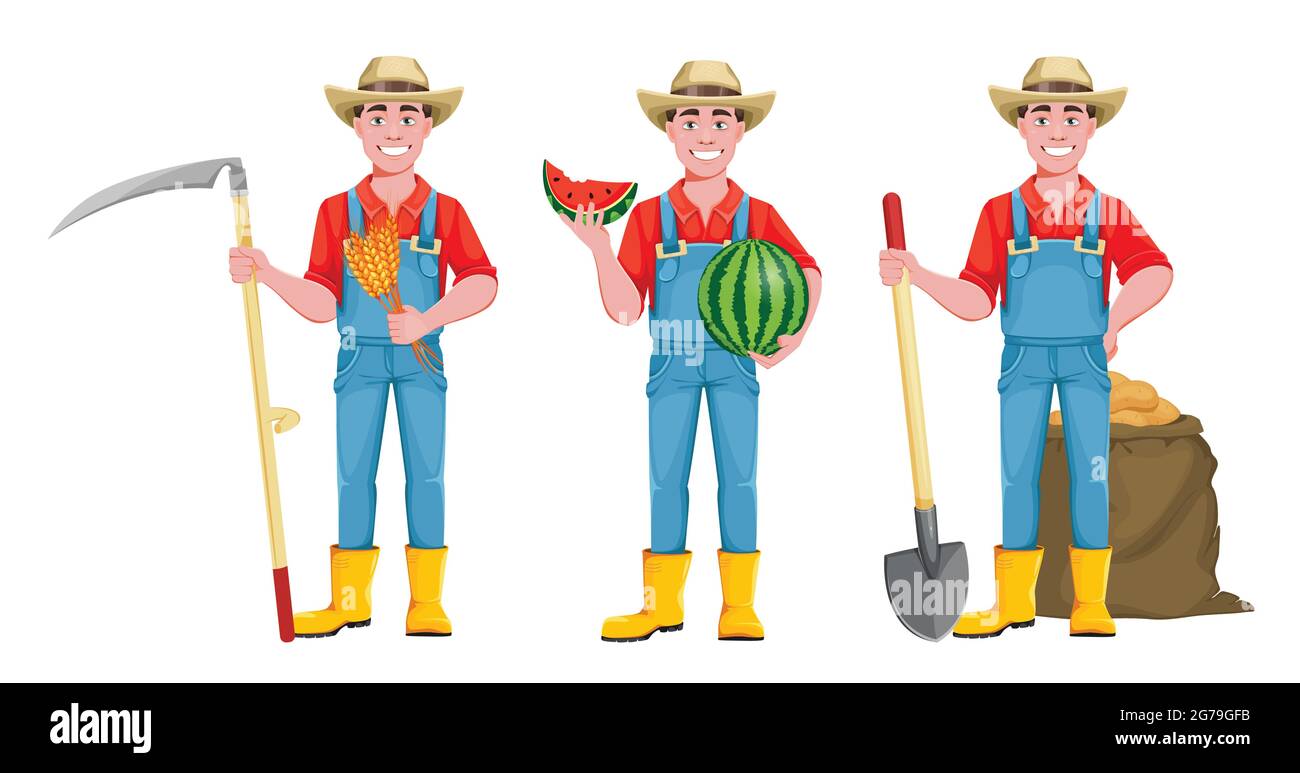 Handsome man farmer. Cheerful male farmer cartoon character, set of ...