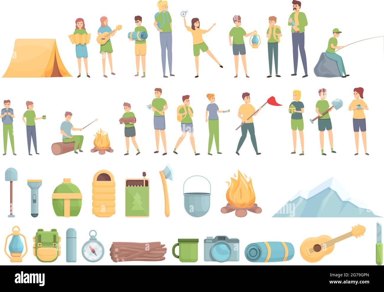 Camping trip with kids icons set cartoon vector. Kid camp boy. Scout ...