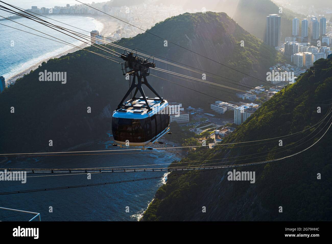 Panoramic view of the cable car between Sugar Loaf Mountain and Urca ...