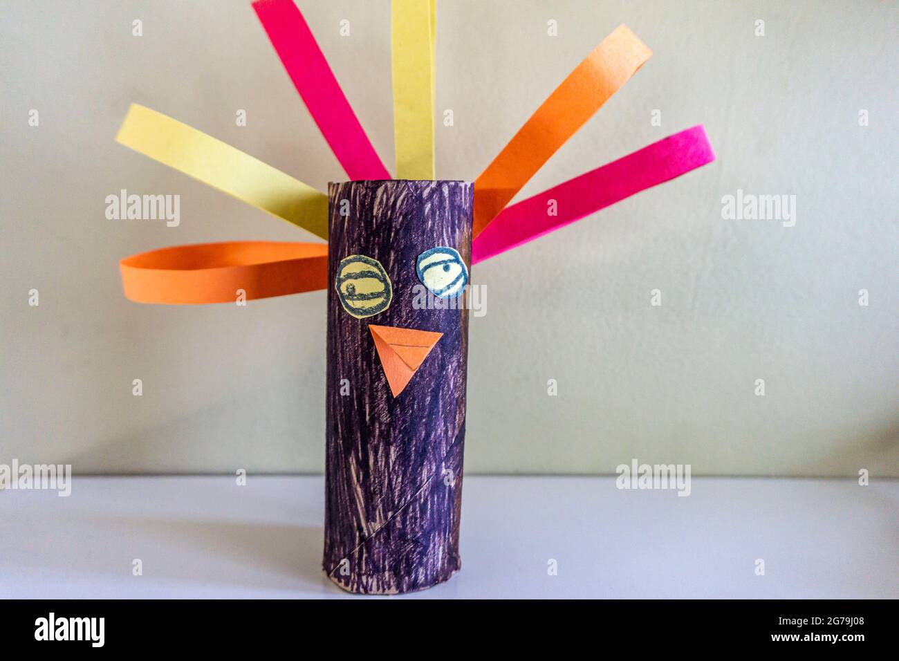 Children artwork representing a face, made with used toilet paper roll ...