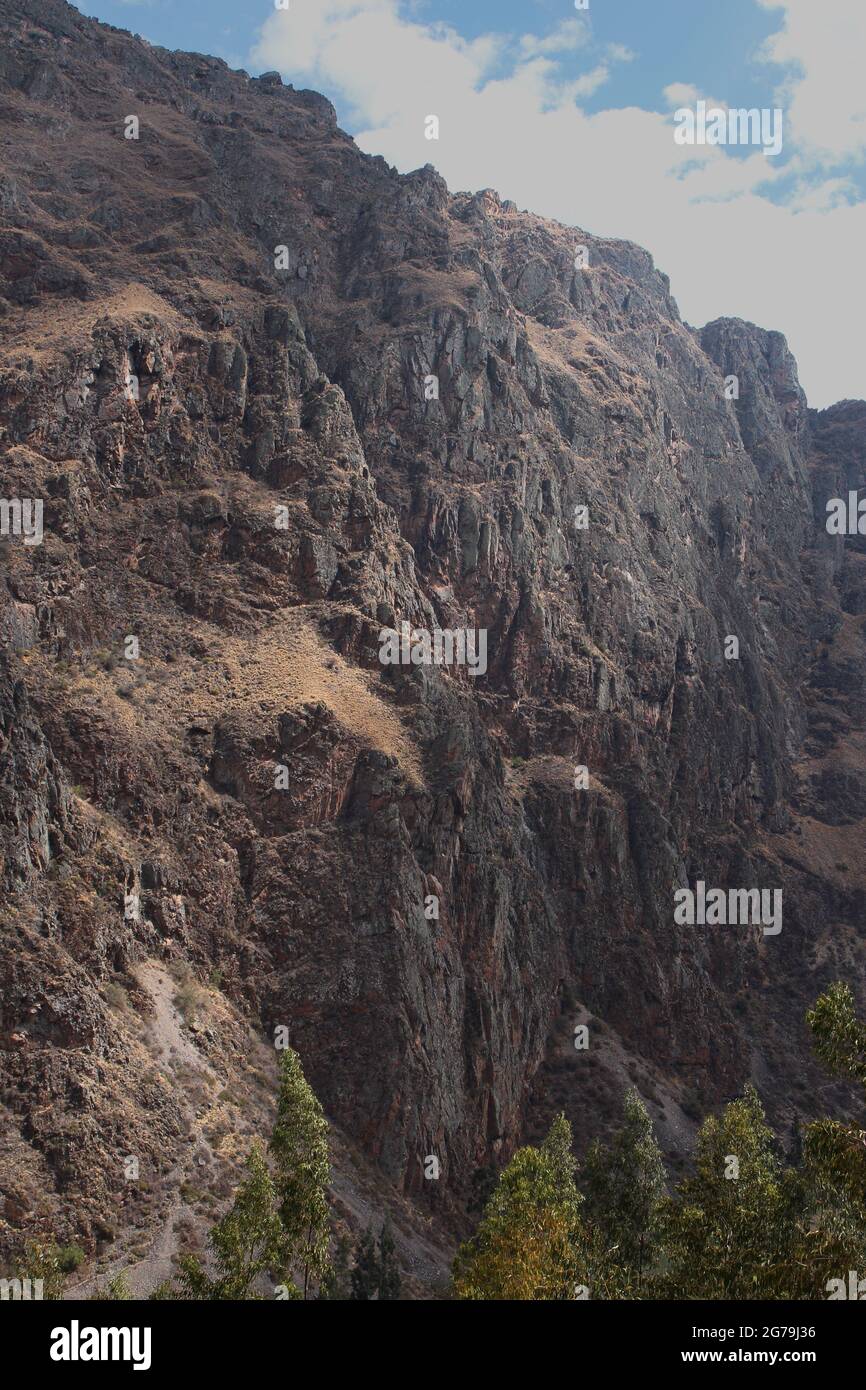 The stark mountainside and ridgeline of the Patacancha Mountain in the ...