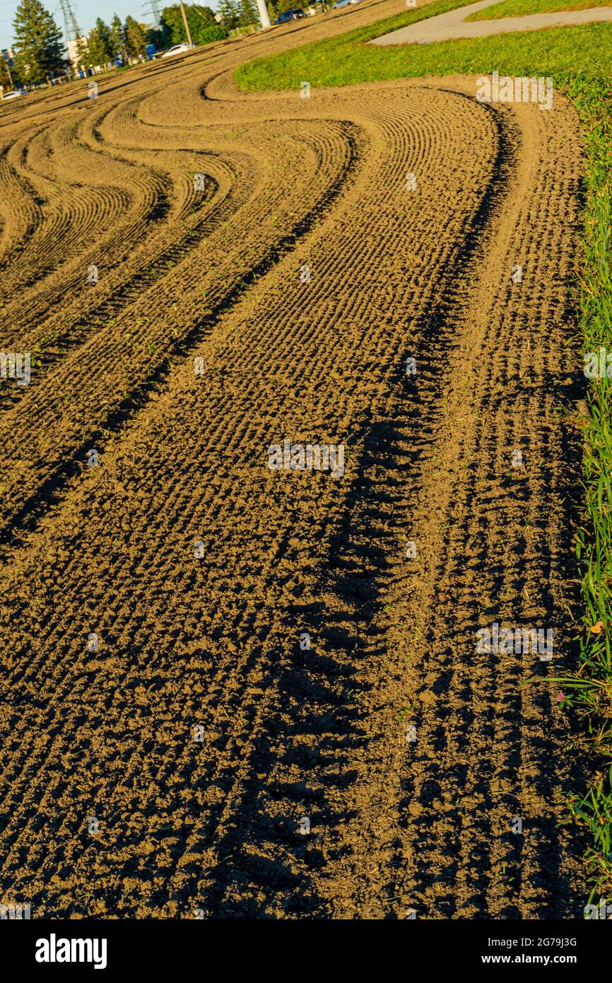 Vertical shot of a plowed field with traces and furrows of a tractor ...