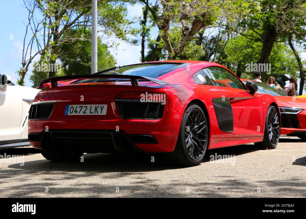 Rear view of a red Audi R8 car parked at a Super car day public event ...