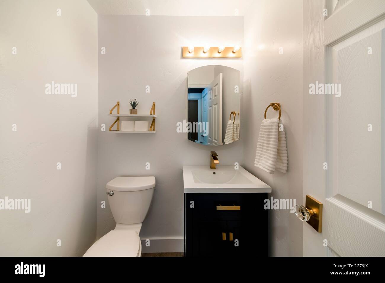 Modern powder room design with matching gold fixtures Stock Photo - Alamy