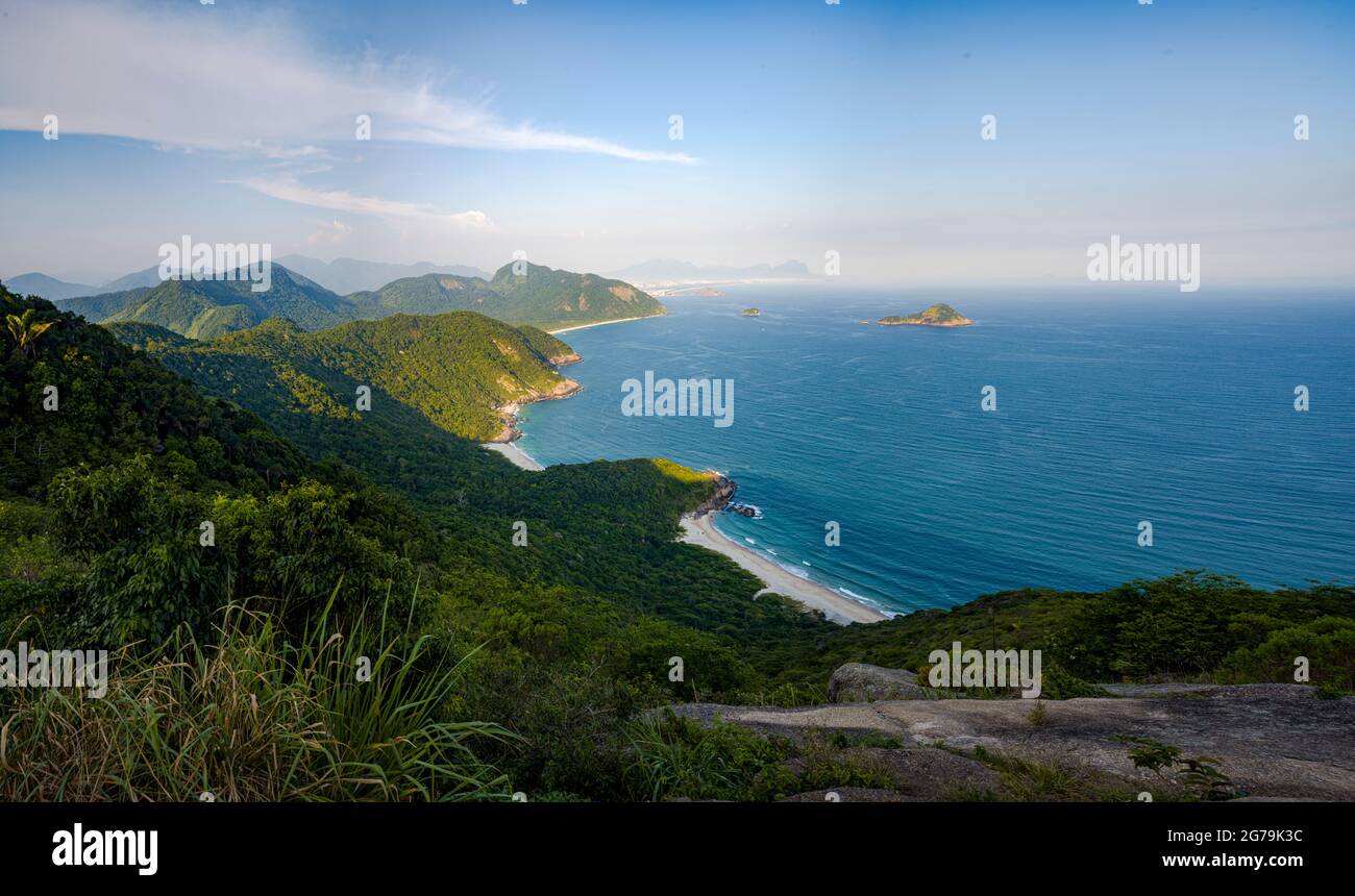 View of the wild beaches in the east from Pedra do Telegrafo, Rio de ...