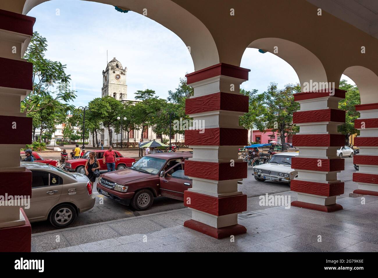 Porch arch and column framing the tower of the colonial saint joseph ...