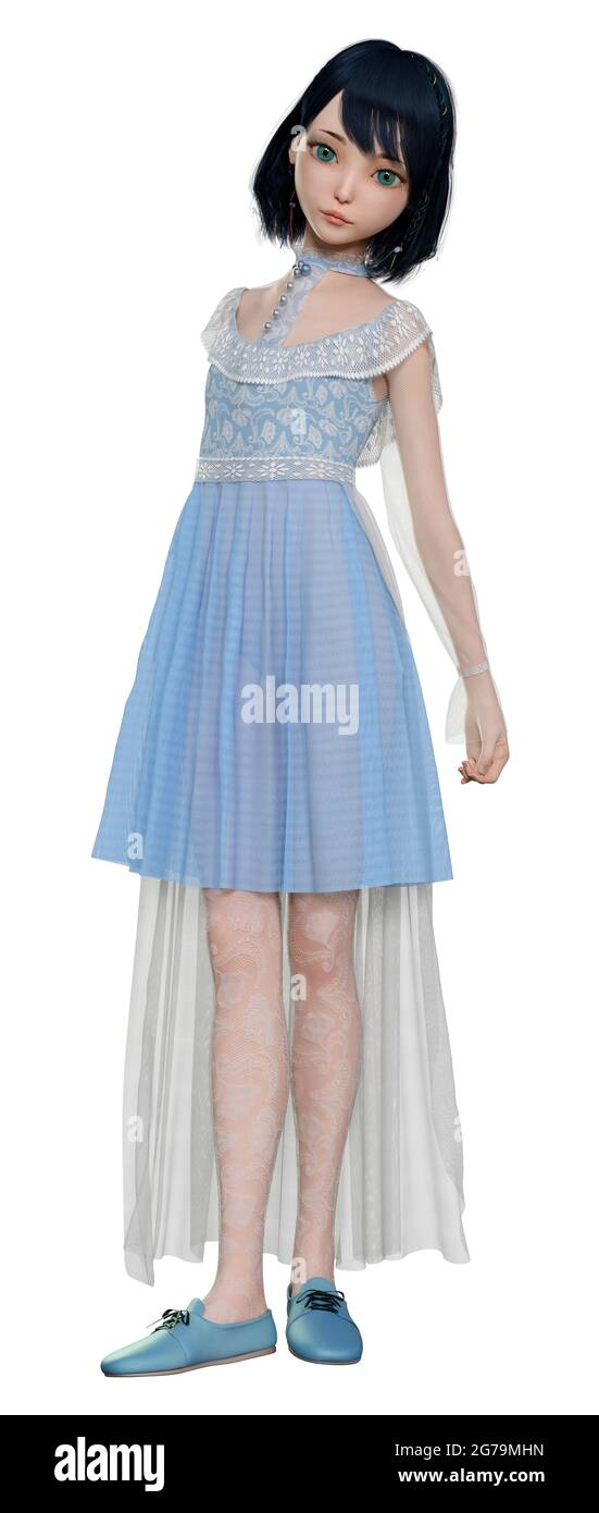 3D rendering of a pretty doll in a blue vintage dress isolated on white ...